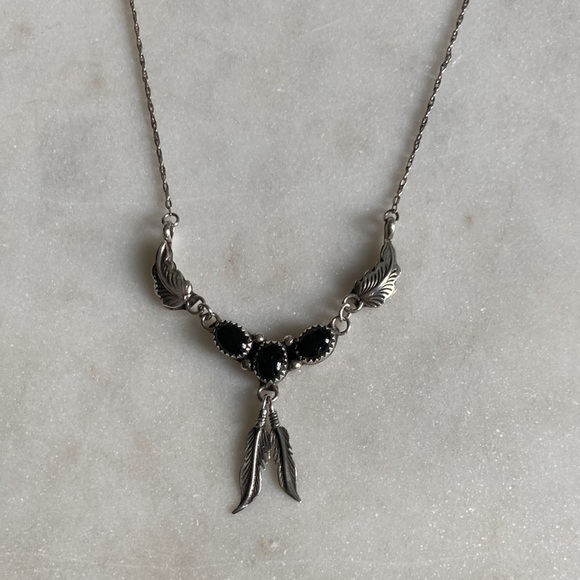 Vintage | Jewelry | Native American Silver Onyx Feather Necklace | Poshmark